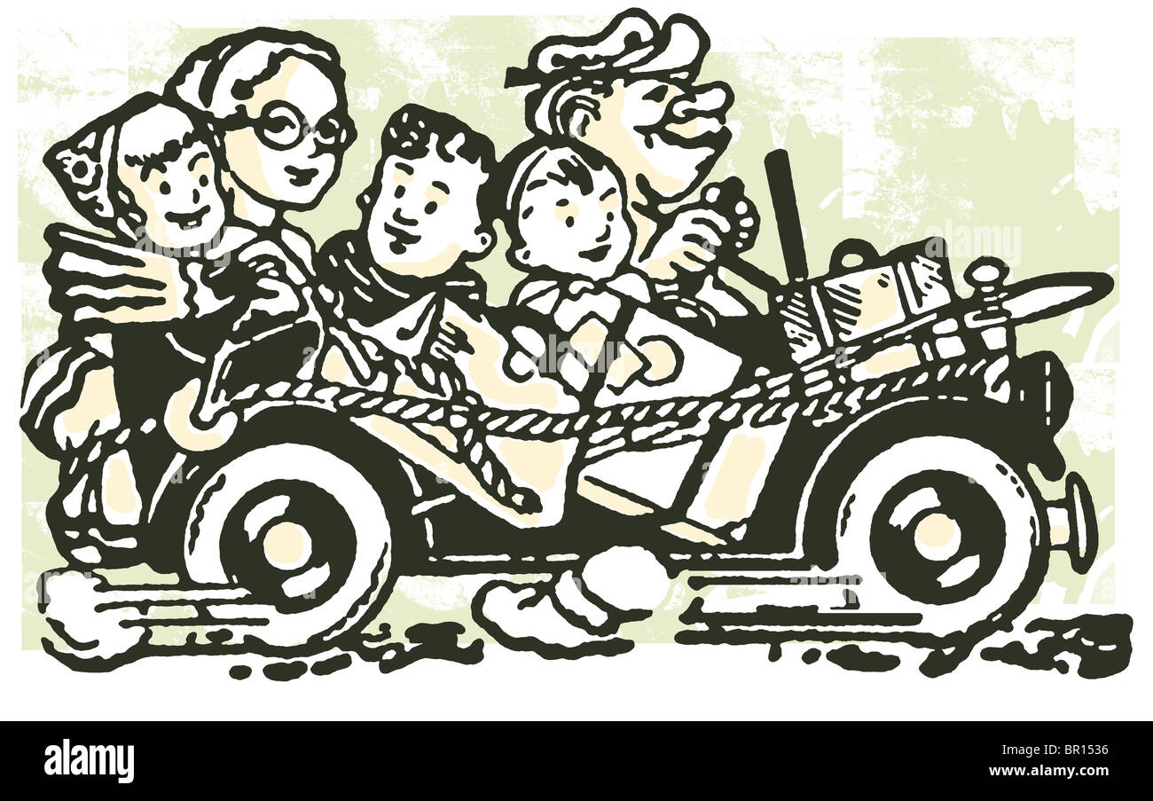 Ein Comic-Stil-Bild eines Autos, vollgepackt mit Familie und Taschen ...