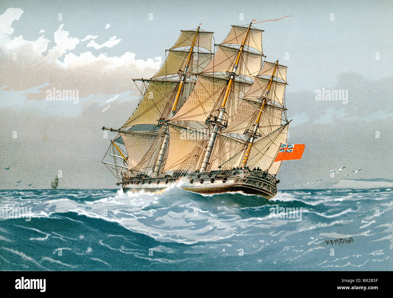Eine 38-Kanonen-Fregatte der britischen Royal Navy auf hoher See ...