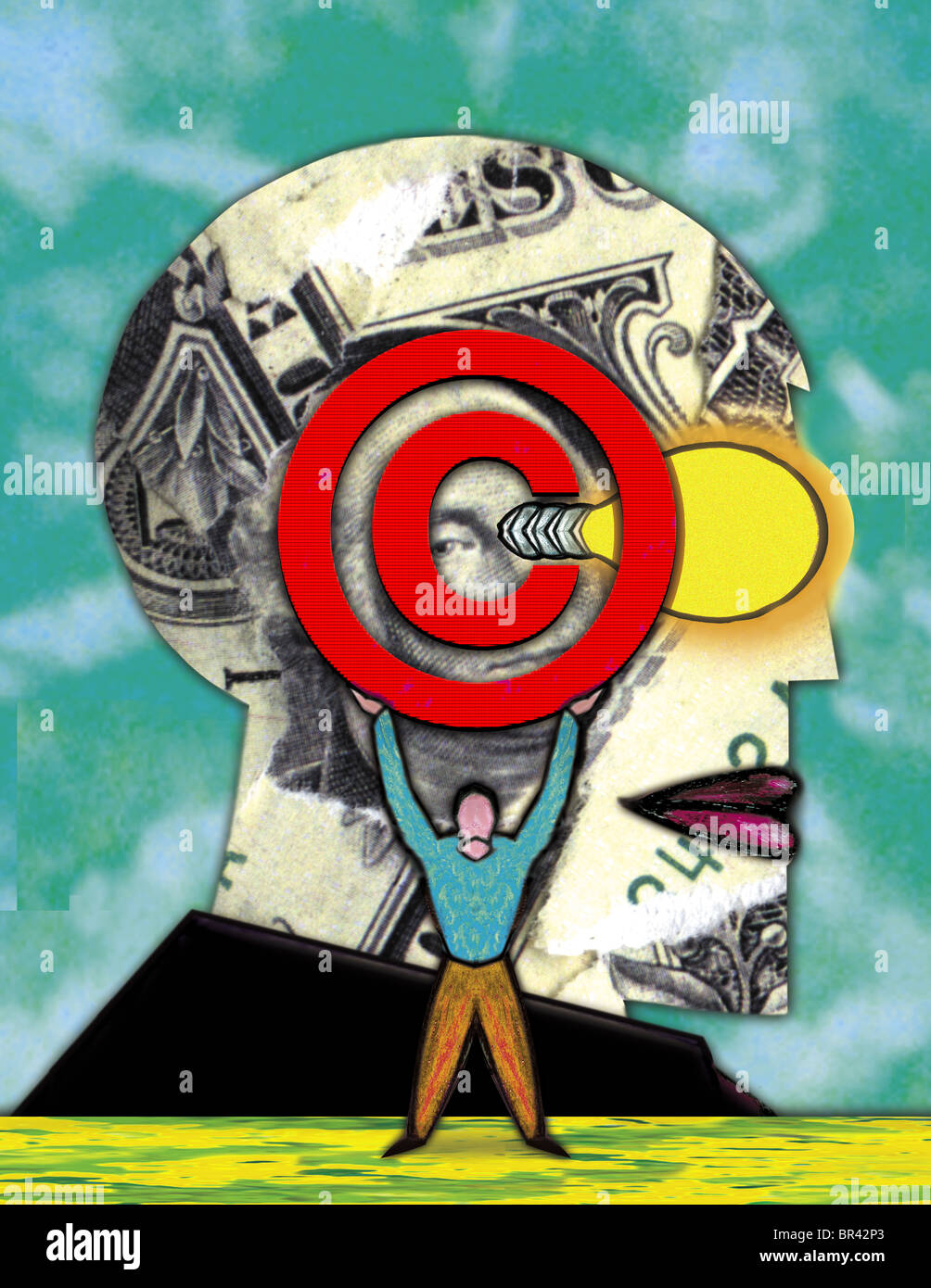 Eine kleine Figur, ein copyright-Symbol vor eine Collage aus einem Kopf ...