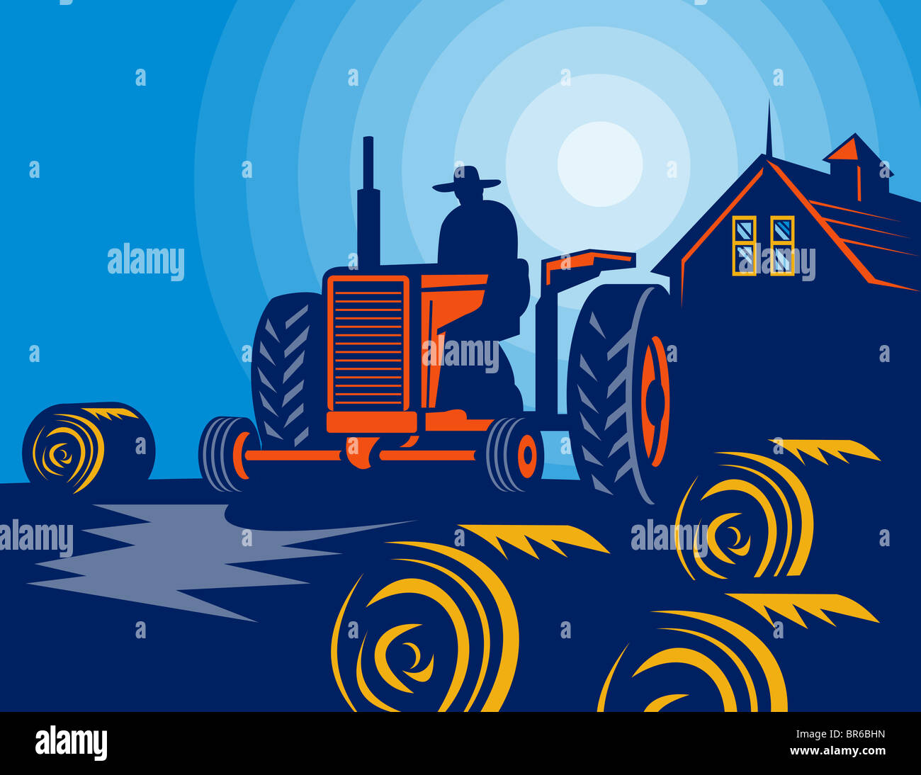 Silhouette des Bauern fahren Oldtimer-Traktor mit Heuballen und Bauernhaus Scheune im ...