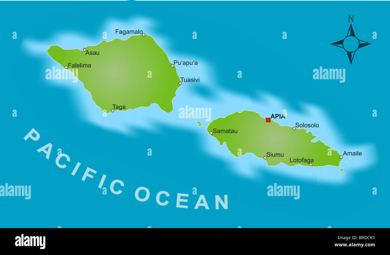 Eine stilisierte Landkarte Samoa zeigt verschiedene Großstädte ...