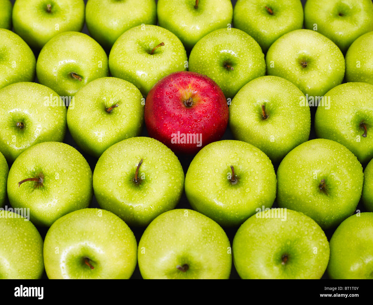 roter Apfel stehend aus Haufen von grünen Äpfeln Stockfotografie - Alamy