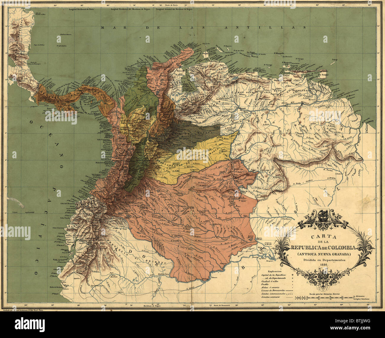 Karte der Republik Kolumbien, ca. 1886 Stockfotografie - Alamy