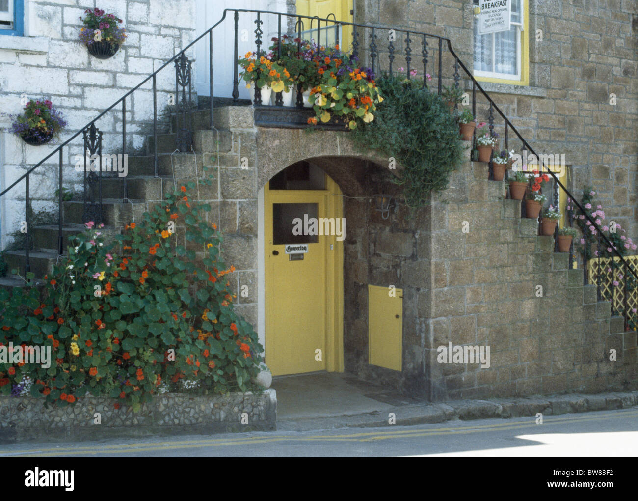 Blühende Pflanzen in Töpfen auf Schritte mit Eisengeländern über gelbe ...