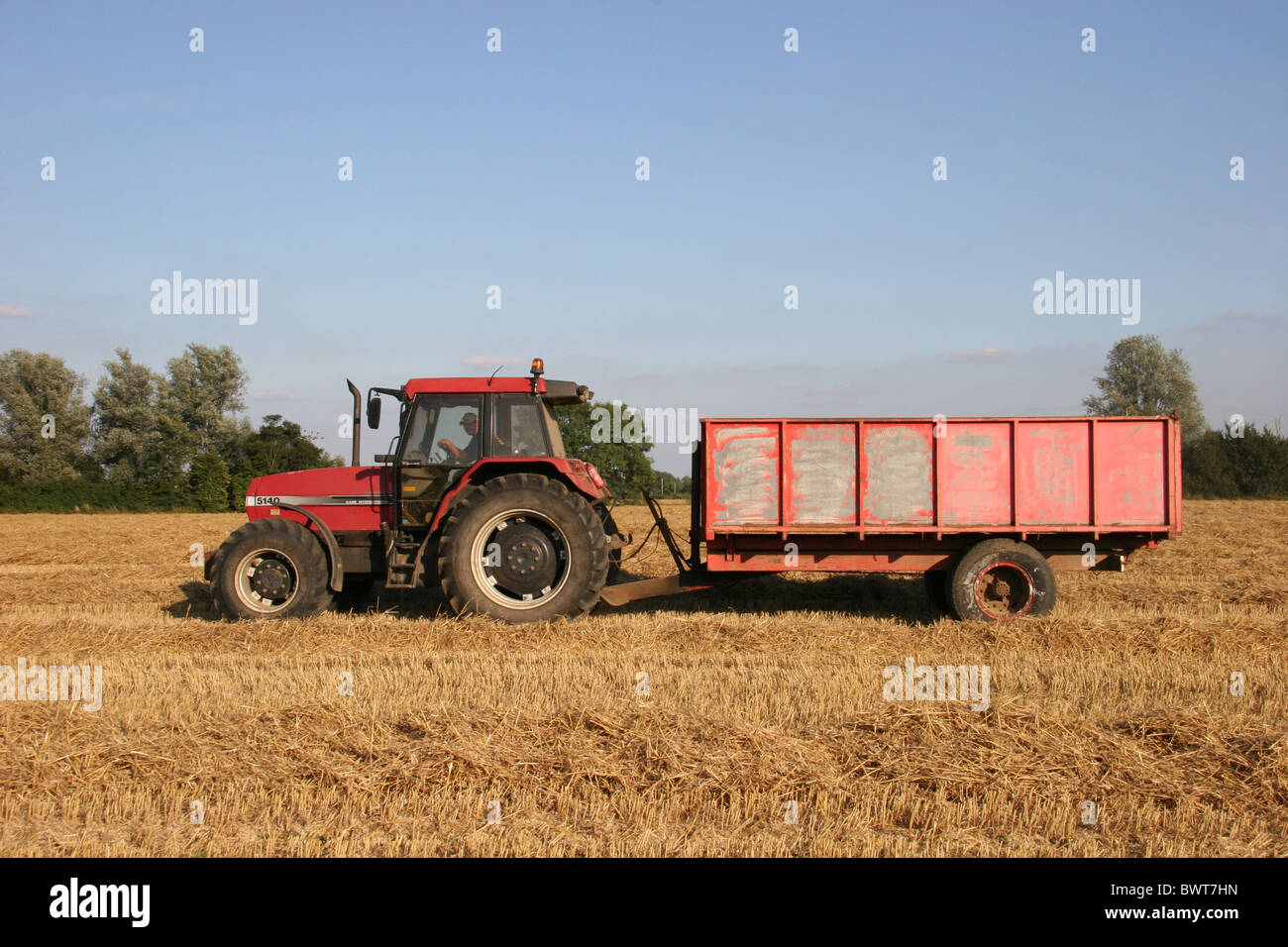 Roter Traktor und Anhänger auf einem Feld zur Erntezeit Stockfotografie ...