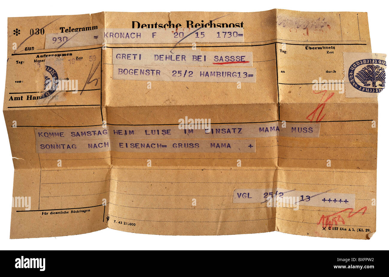 Post, Telegraphie, Telegramm, Reichspost, Deutschland, 1944, Zusatz ...