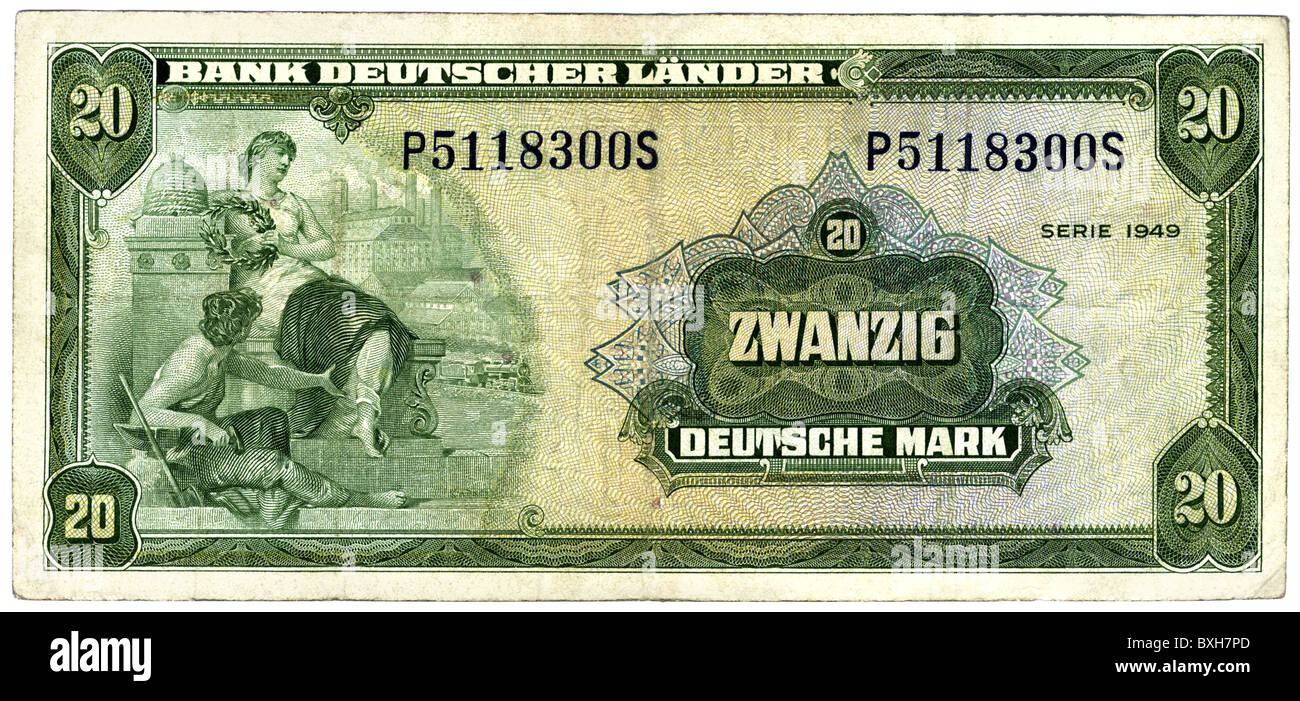Geld/Finanzen, Banknoten, Deutschland, ersten 20 Mark Banknote, 1949 ...