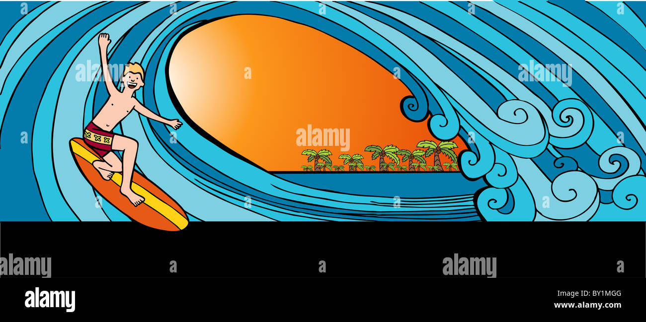 Ein Comic-Bild eines Surfers auf einer großen Welle Stockfotografie - Alamy