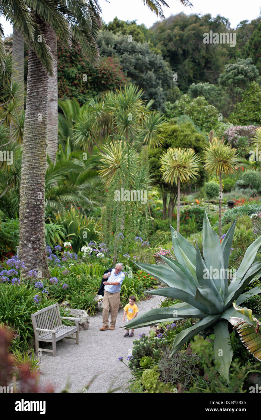 England, Isles of Scilly Tresco, Klostergarten. Großvater und Enkel ...