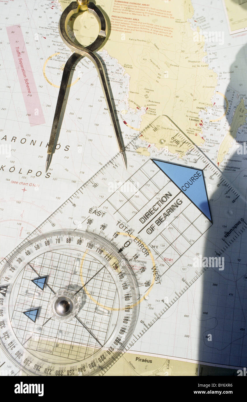 Navigation, Kompass und Karte, Segeln, Mittelmeer, Griechenland, Europa ...