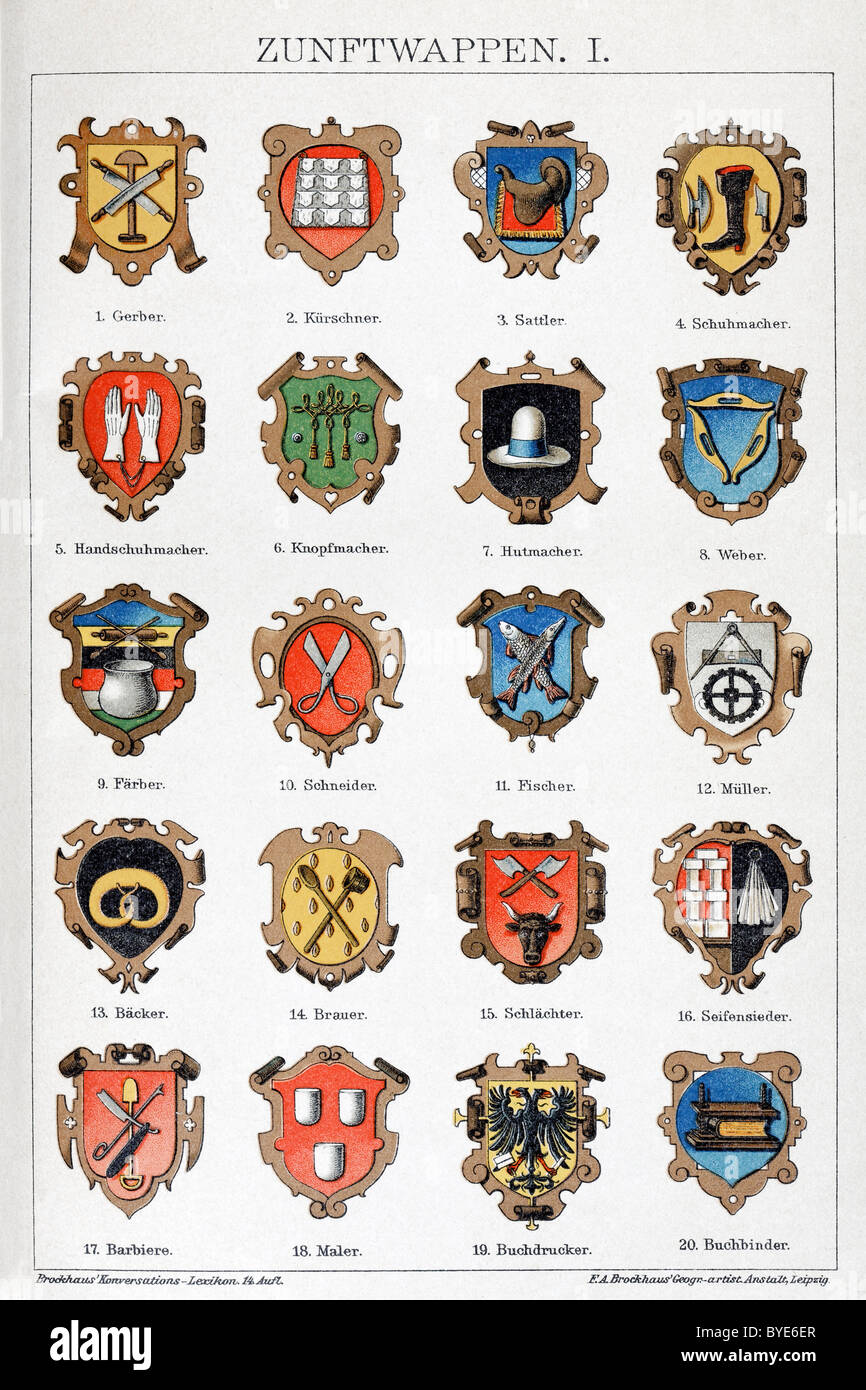 Alte Gilde Embleme, Symbole des Handwerks Gilden, historische ...