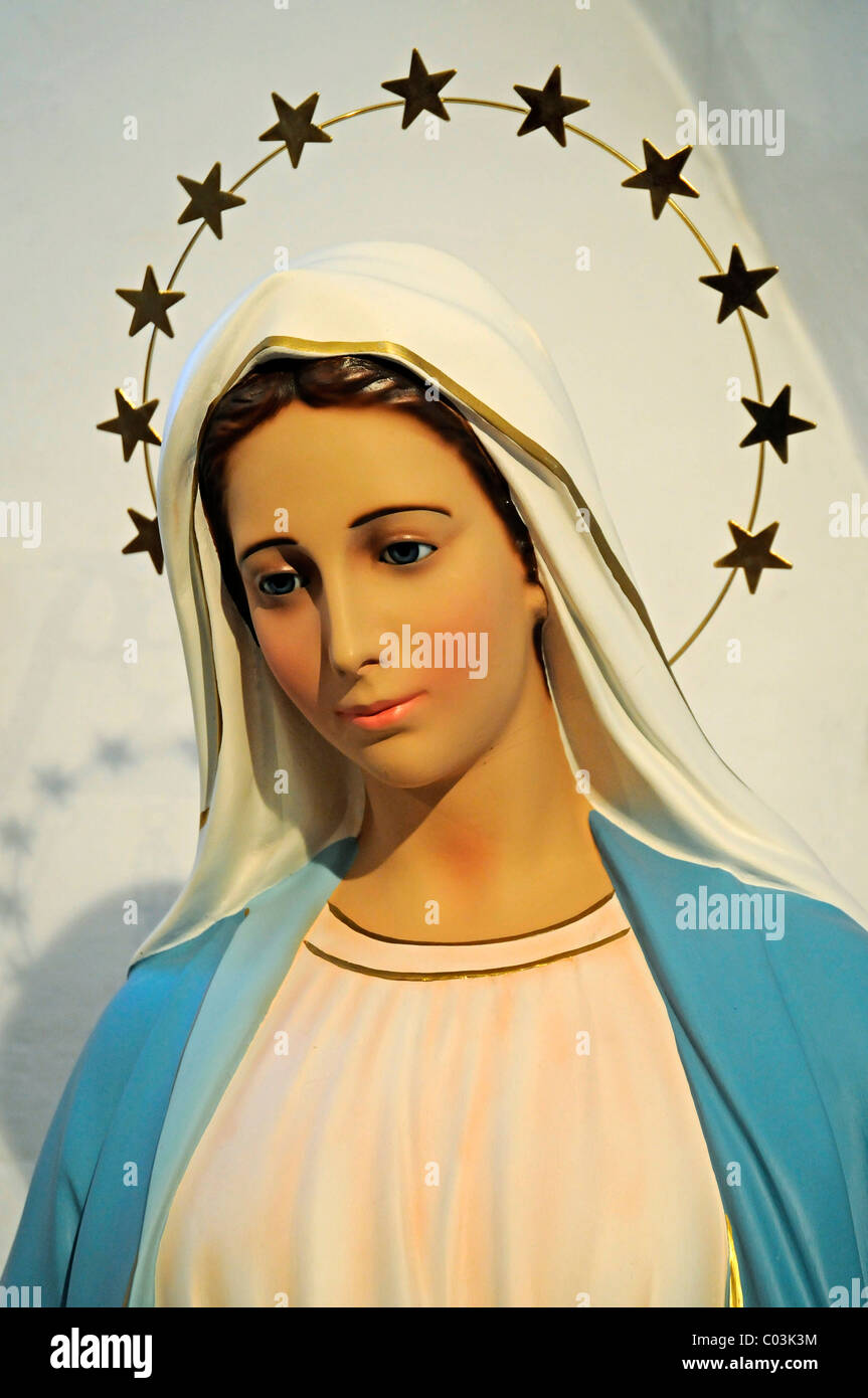 Die Jungfrau Maria, Statue eines Heiligen, Lilienstengel mit Sternen ...