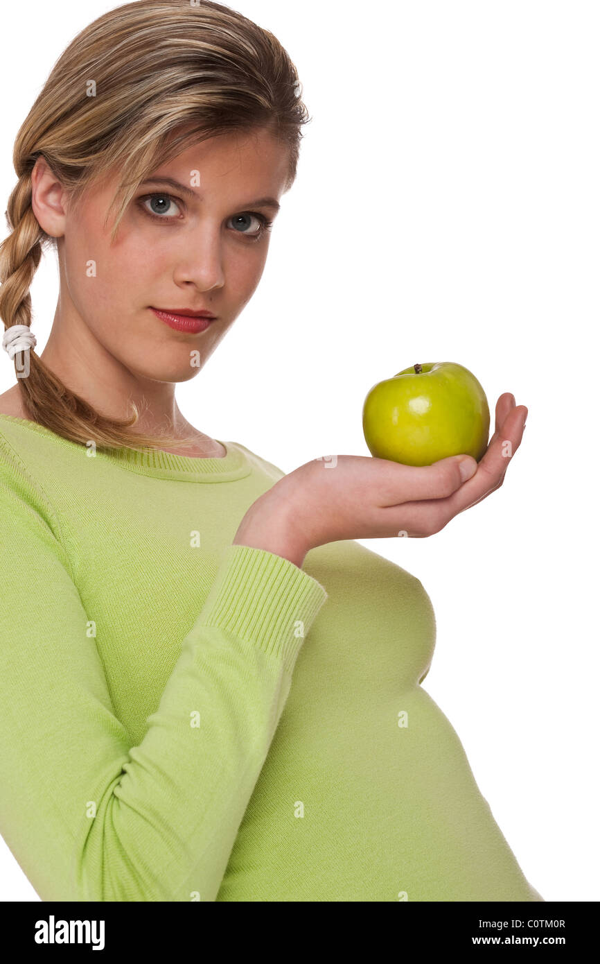Frau mit grünem Apfel auf weißem Hintergrund Stockfotografie - Alamy Frau mit grünem Apfel auf weißem Hintergrund Stockfotografie - Alamy