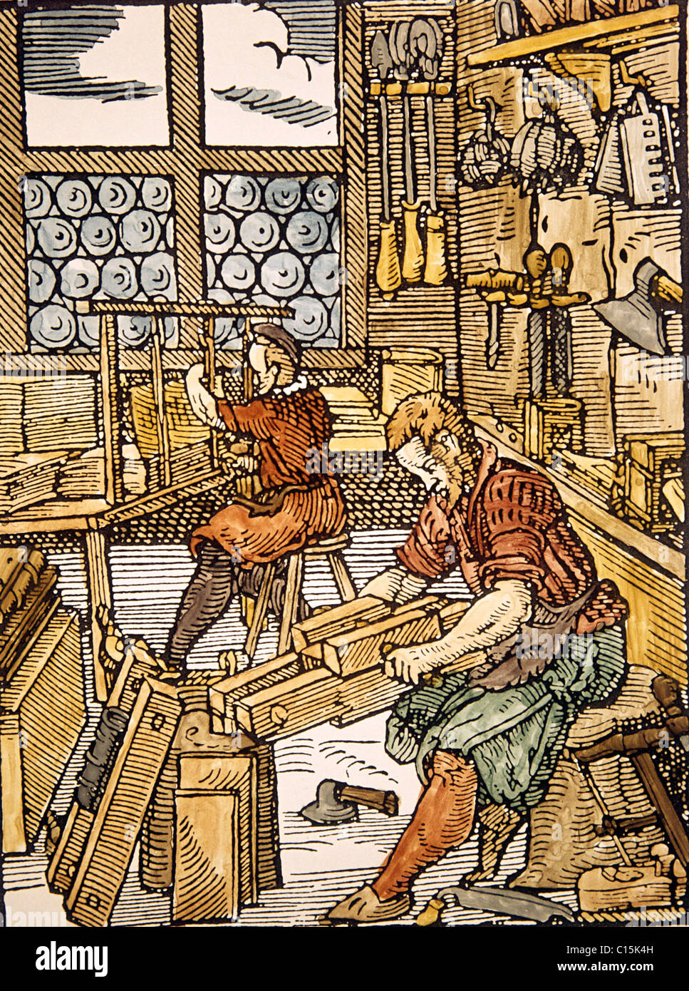 16C Gravur. Buchbinder, Handwerker und Lehrling Stockfotografie - Alamy