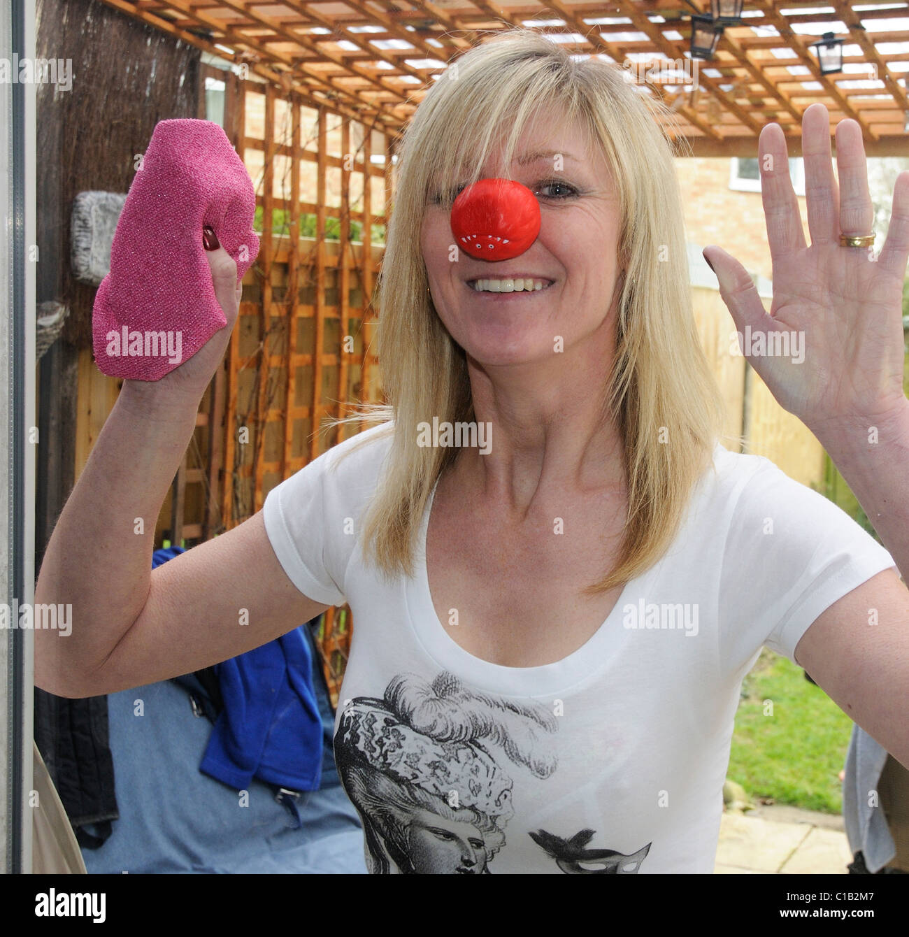 Frau trägt eine "rote Nase" ein Charity-Symbol beim Fensterputzen ...