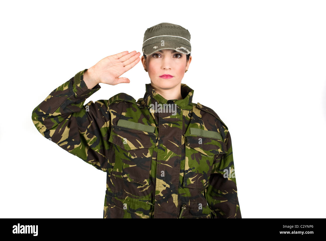Frau Armee Soldaten salutieren isolierten auf weißen Hintergrund ...