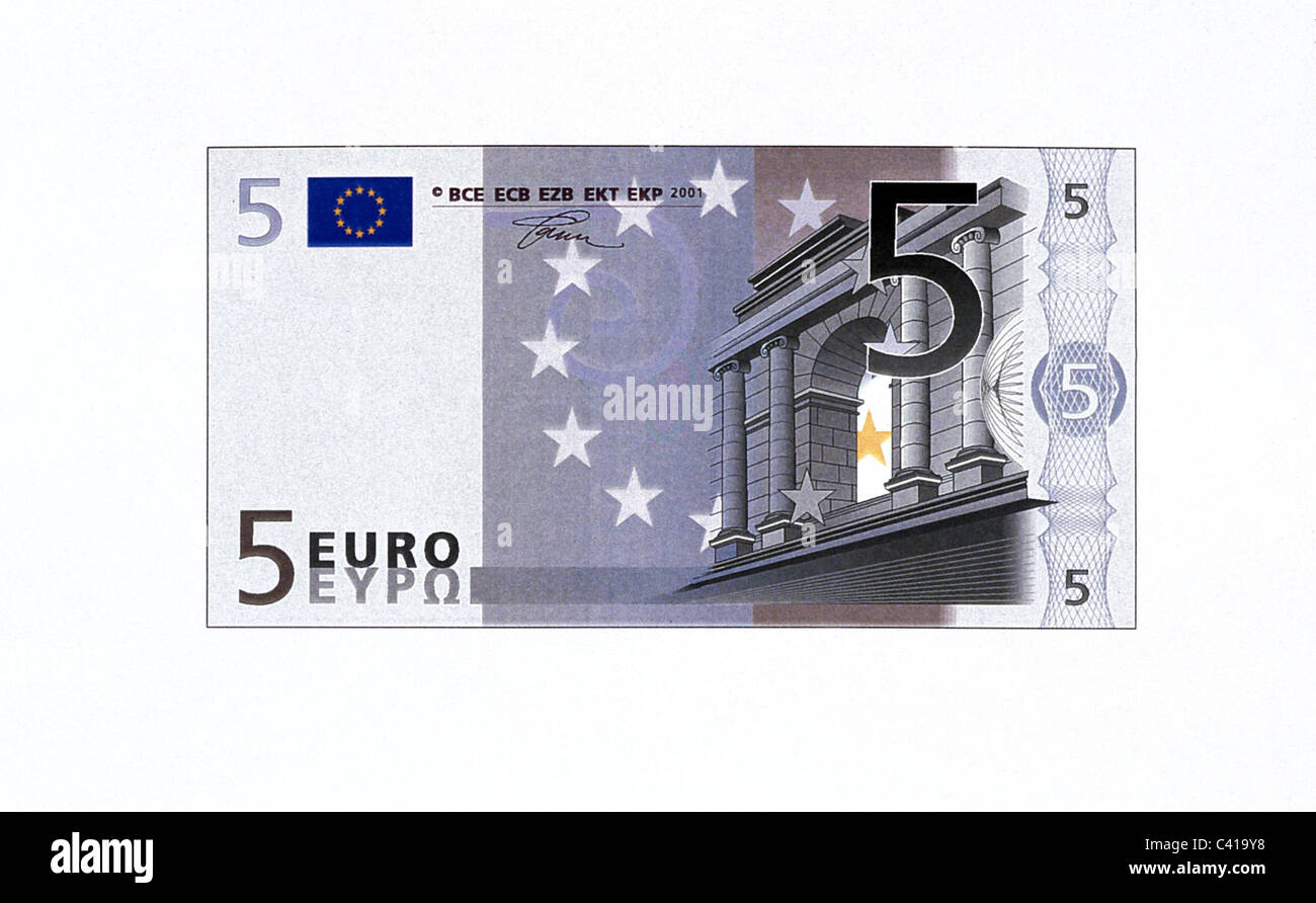 Geld, Banknoten, Euro, 5 Euro-Schein, Vorderseite, Banknote, Geldschein ...