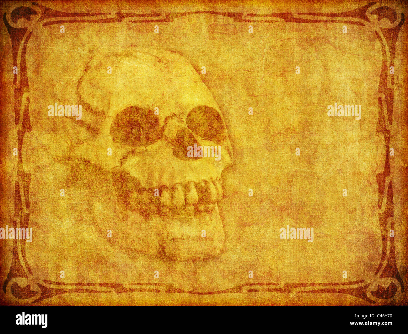 Ein altes aussehendes Stück Pergament mit Totenkopf Bild verbrannt und ...