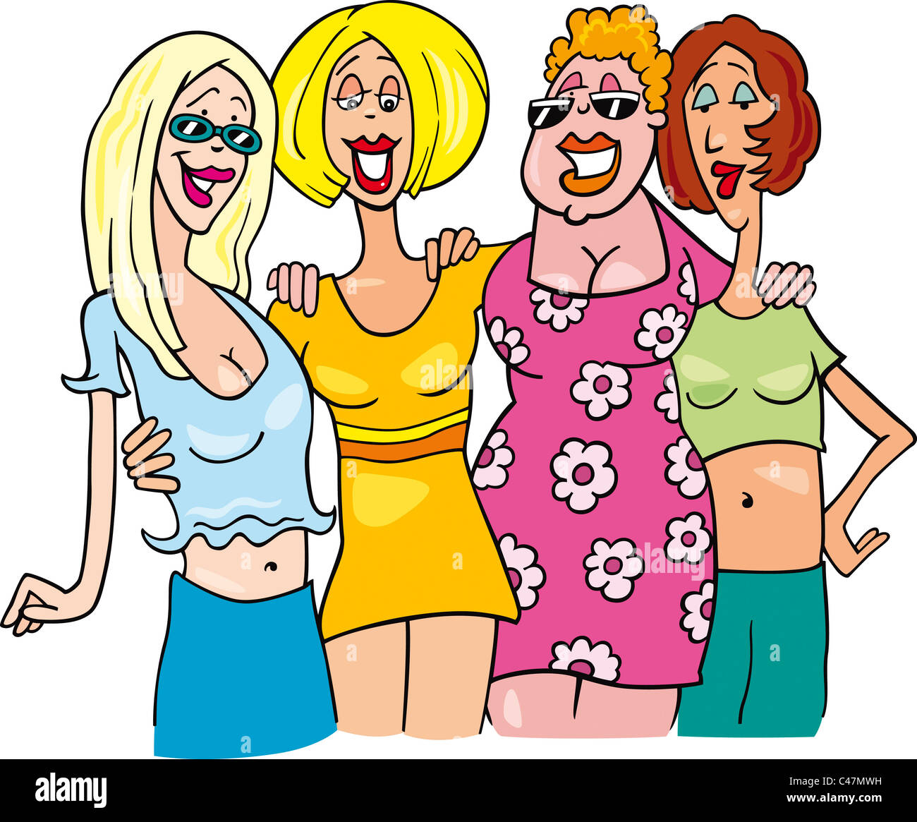 Cartoon-Illustration von vier Frauen treffen Stockfotografie - Alamy