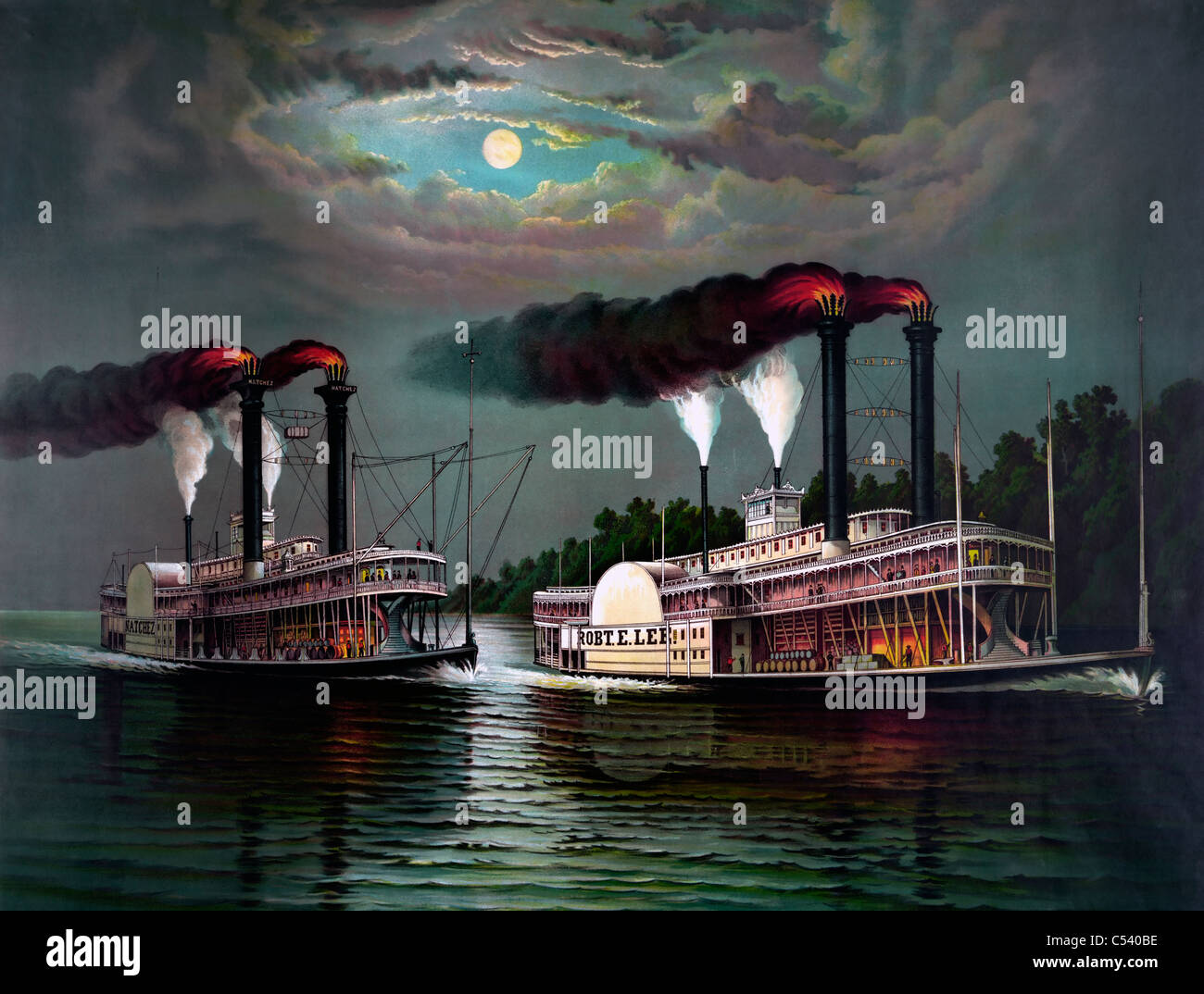 Rennen der Dampfer Robert E Lee und Natchez am Mississippi River, ca ...