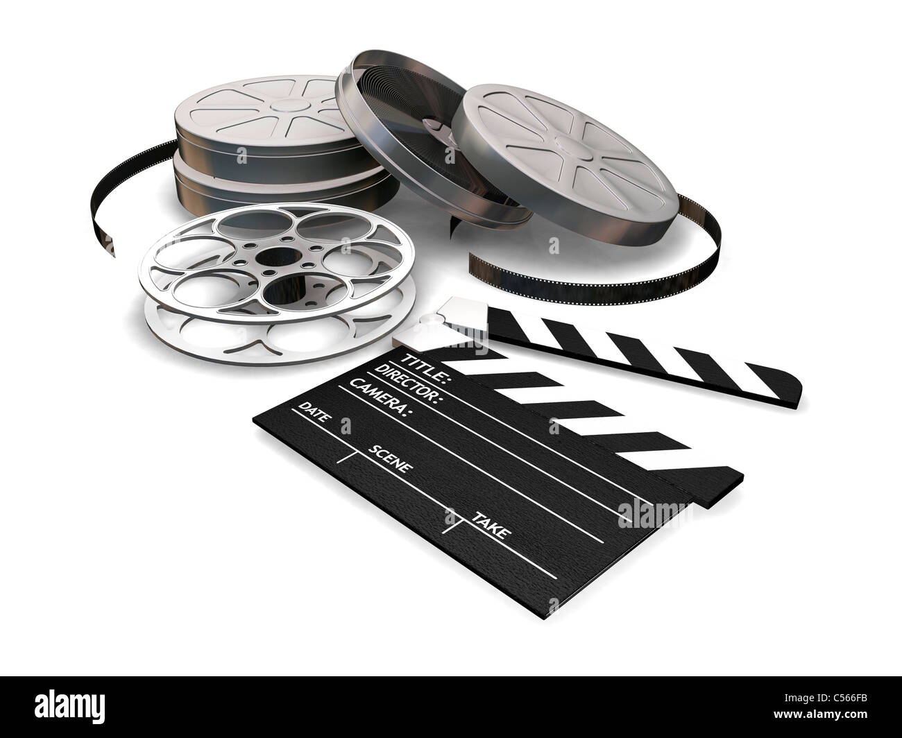 3D Rendern von Filmrollen, Clapper Board und Film Kanister auf weißem ...