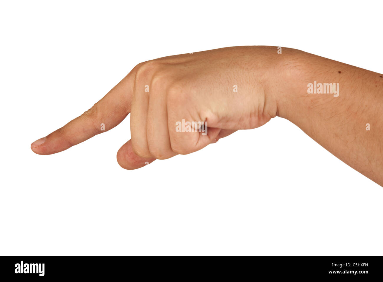 Hand zeigt einen Zeigefinger beiseite auf weißem Hintergrund ...