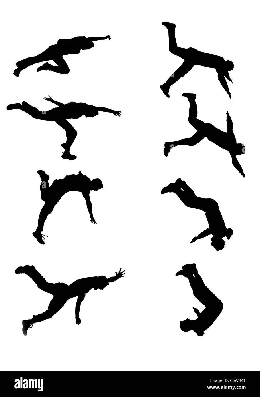 Silhouetten aus Fotos von zwei Stuntmen in verschiedenen Stadien der ...