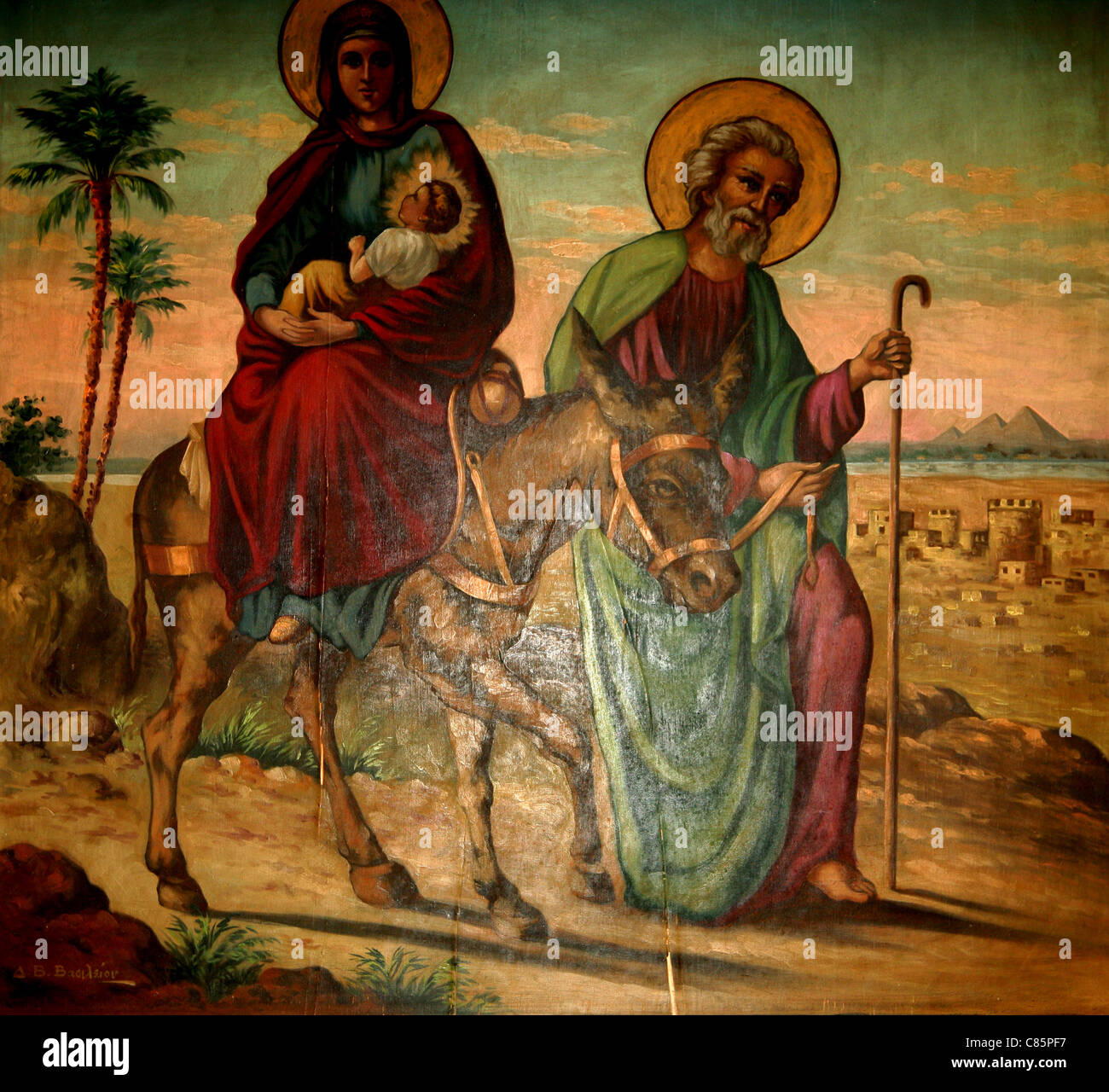 Sehr altes Gemälde von den Reisen der Heiligen Familie in Ägypten mit ...