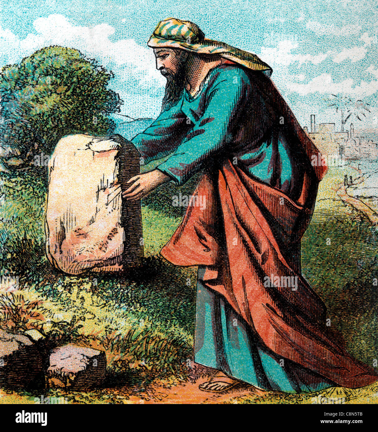 Bibelgeschichten- Illustration von Samuel, der einen Stein zwischen ...