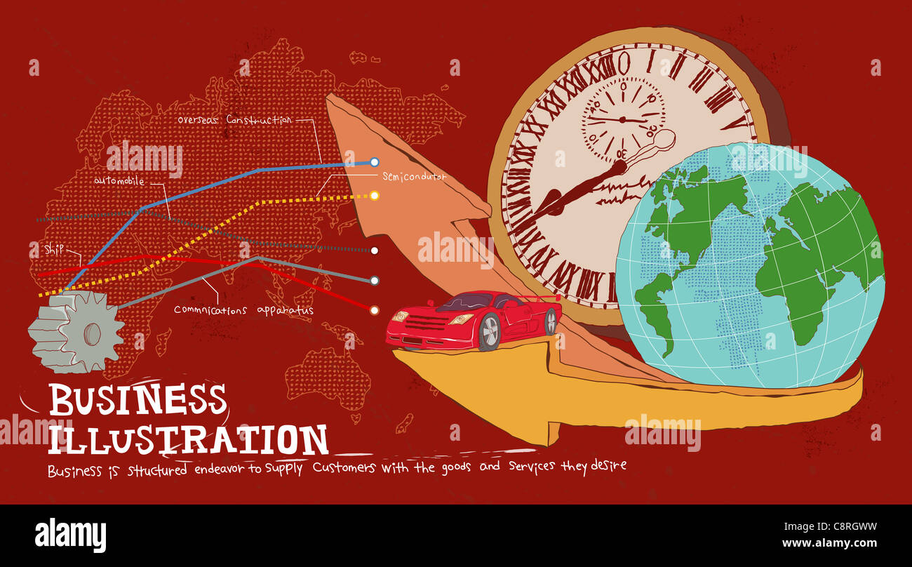 Abbildung der Erde, Uhr, Auto und Pfeil-Zeichen Stockfotografie - Alamy