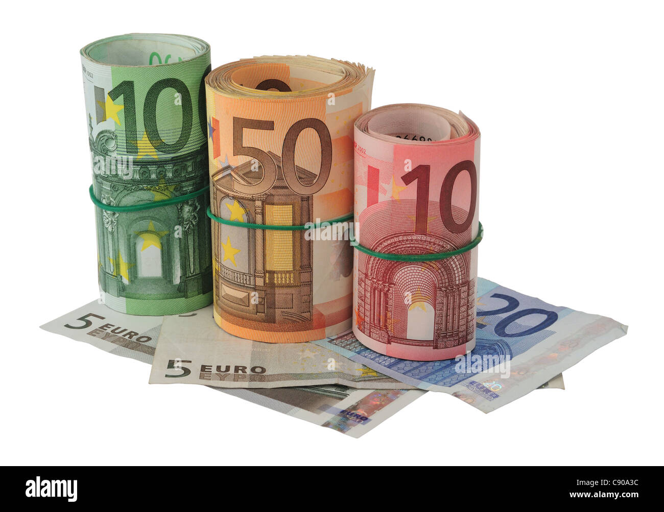 Rollen der verschiedenen Euro-Banknoten isoliert auf weiss ...