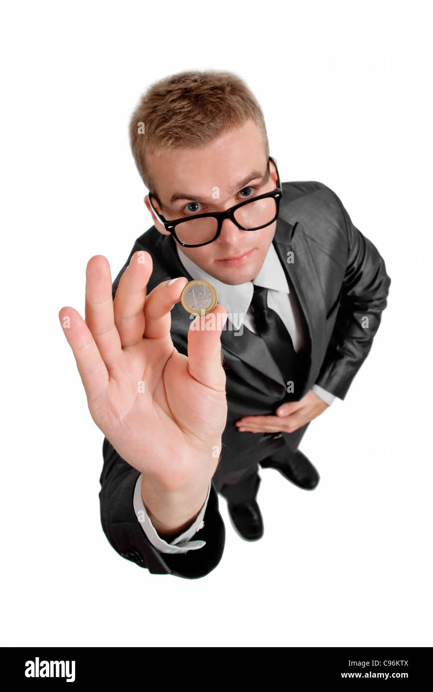 Geschäftsmann mit Euro-Münze in der hand. Menschen und das Geld in ...