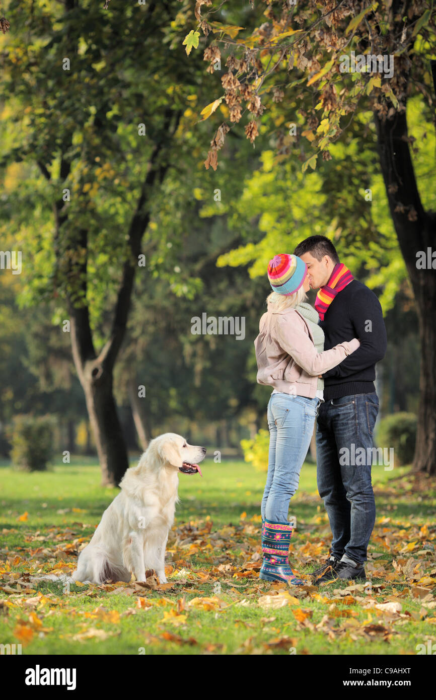Freund und Freundin küssen im Park und ein Labrador Retriever Hund ...