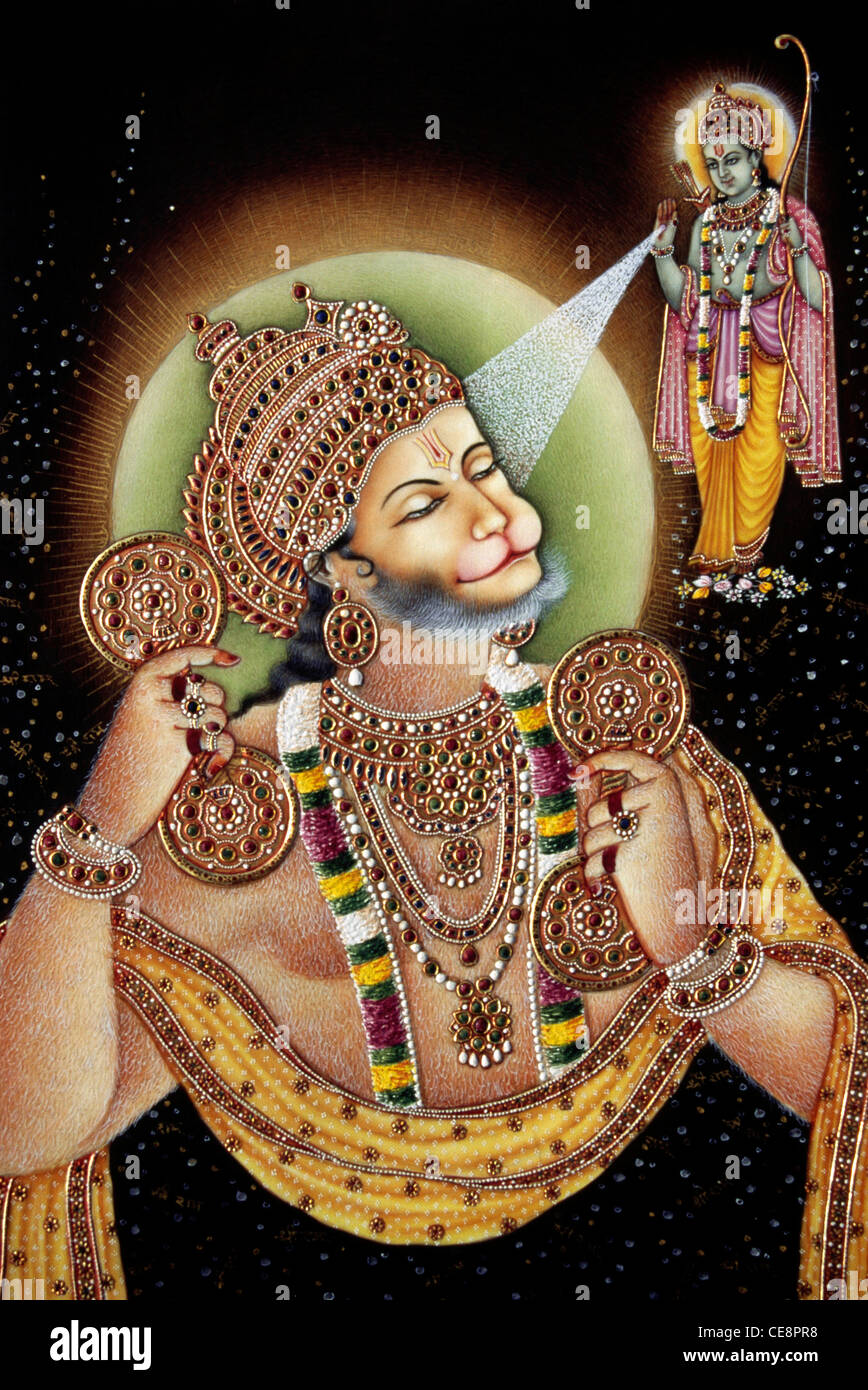 Hanuman-Affen Gott gesegnet durch indische Lord Rama Miniaturmalerei ...