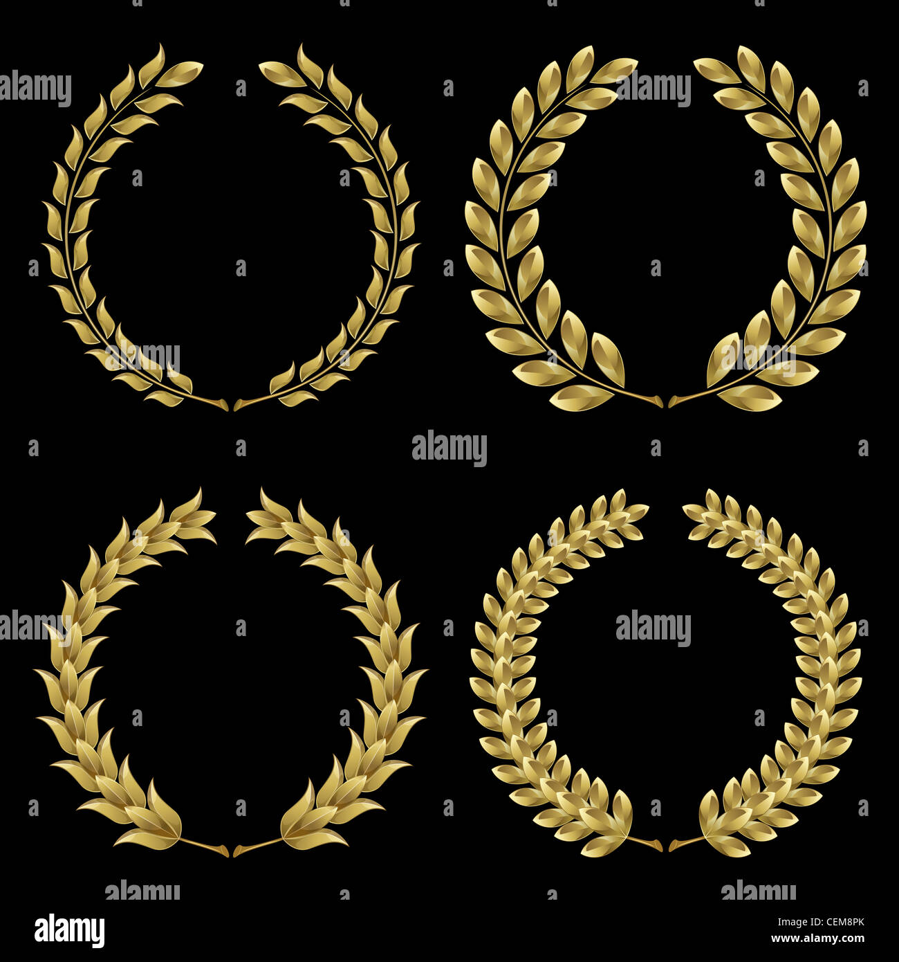 Set aus goldenen Lorbeerkranz auf dem schwarzen Hintergrund ...