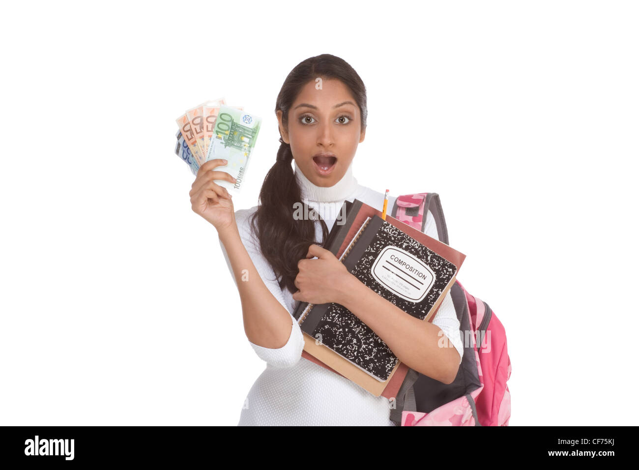 Ethnische indische Student mit 100 (einhundert) 50 (fünfzig) 20 ...