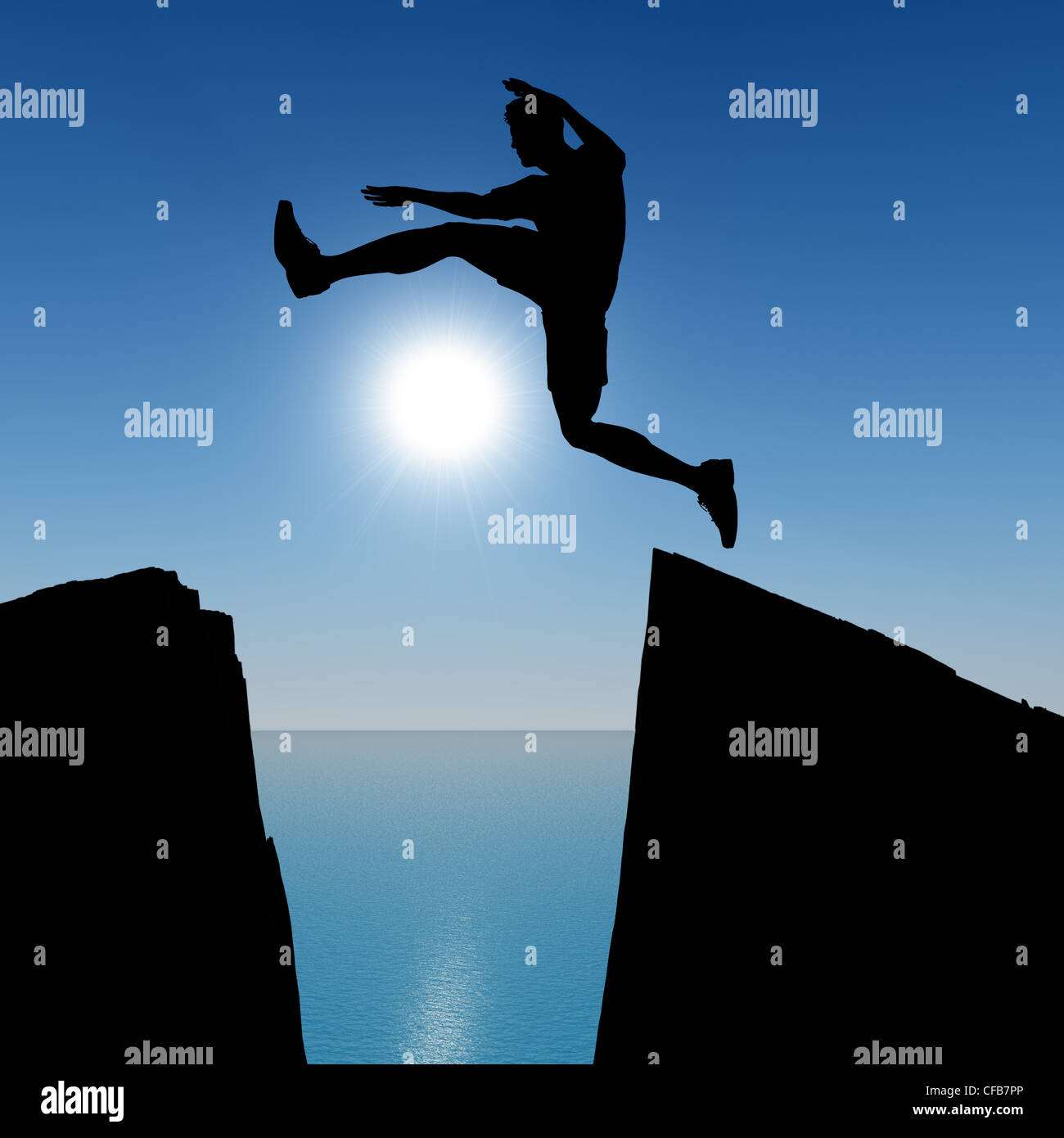 Silhouette des springenden Menschen aus einem Felsen. Eine strahlende ...