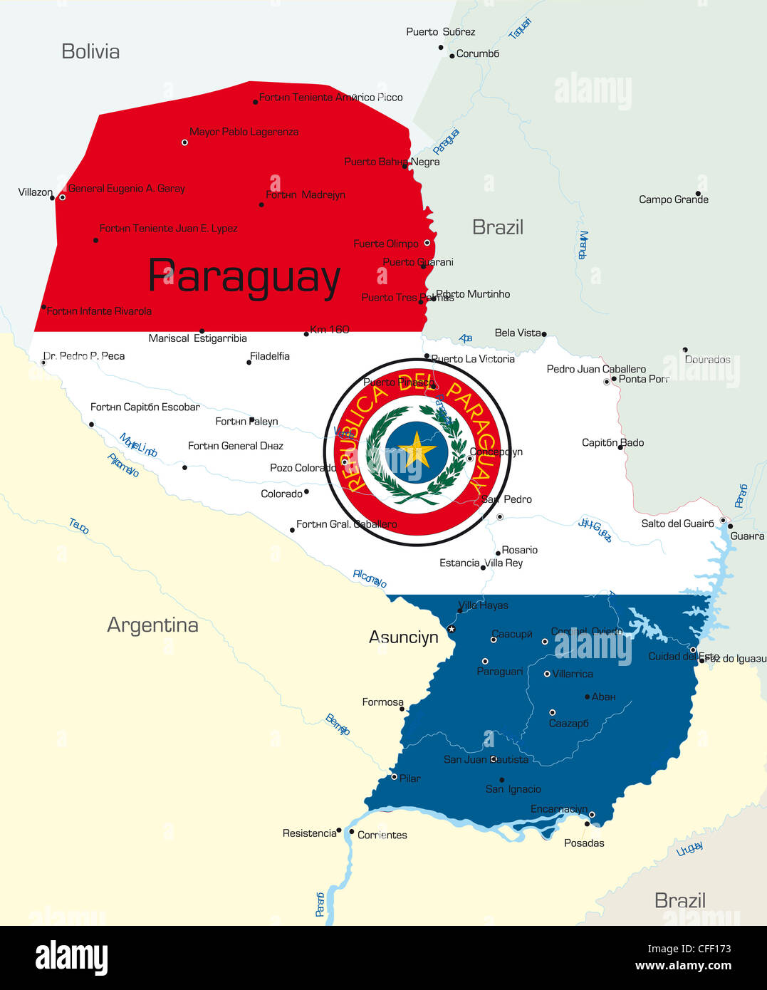 Abstrakte Farbe Vektorkarte von Paraguay Land durch Nationalflagge ...