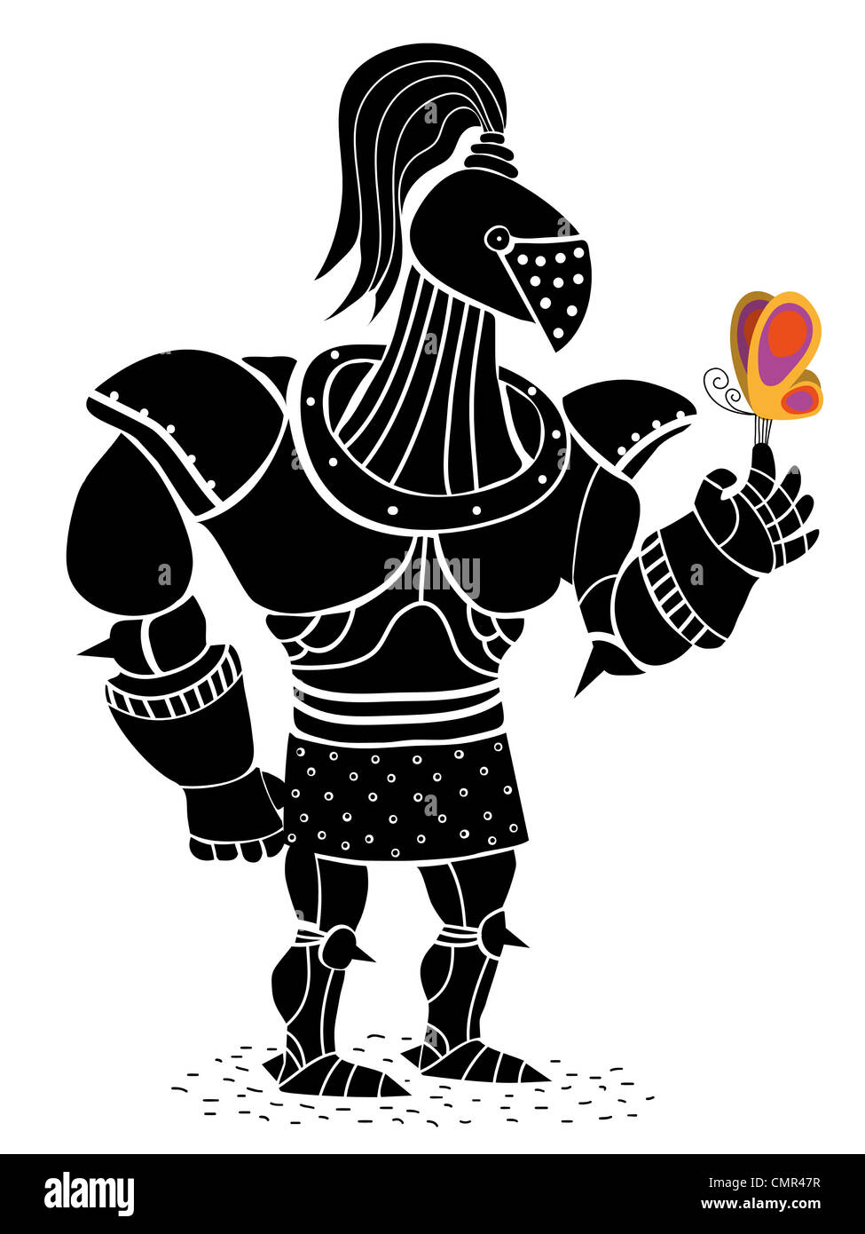 Schwarzer Ritter mit Schmetterling legte in seinen Zeigefinger ...