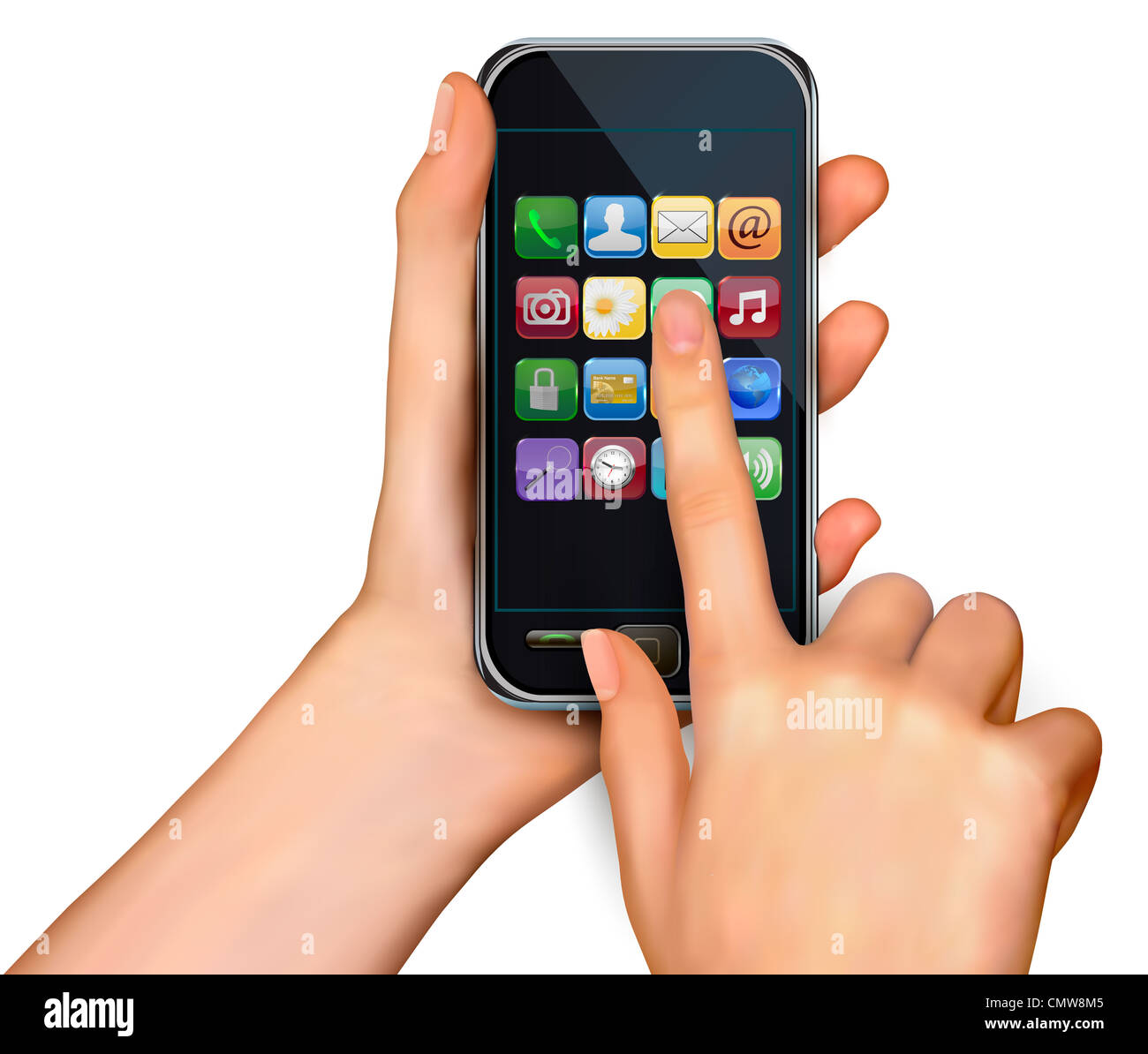 Hände halten Touchscreen Handy mit Symbolen Stockfotografie - Alamy