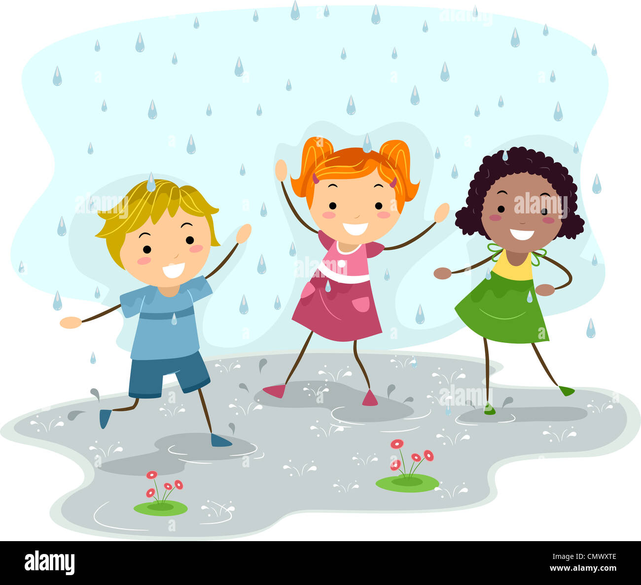 Illustration der Kinder spielen im Regen Stockfotografie - Alamy