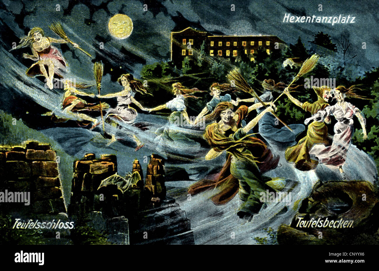 Hexen, Sabbat, Tanz der Hexen in der Walpurgisnacht, farbige Zeichnung ...