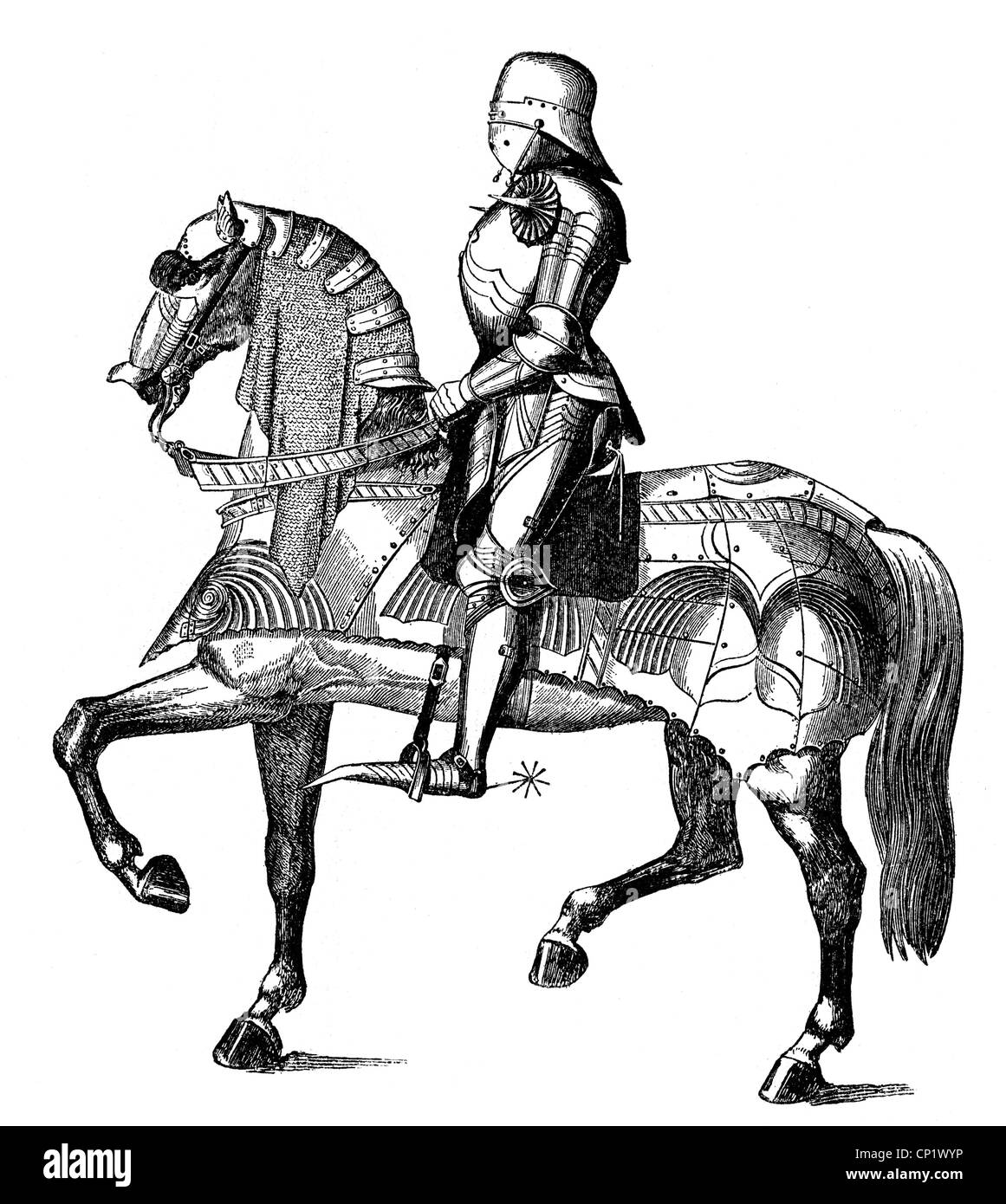 Mittelalter, Ritter, Ritter in voller Rüstung zu Pferd, Holzstich ...