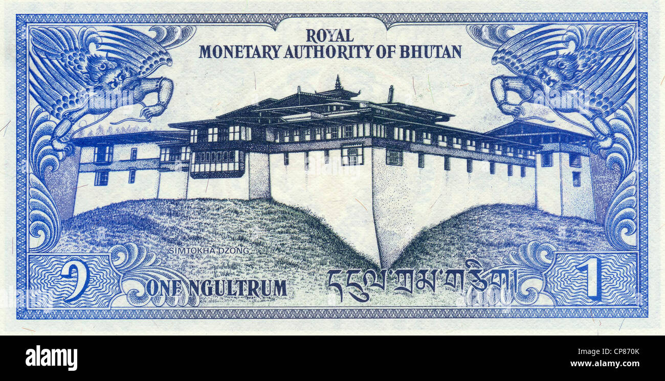 Banknote aus Bhutan, 1 Ngultrum, der Simtokha Dzong Palast, 1981 ...