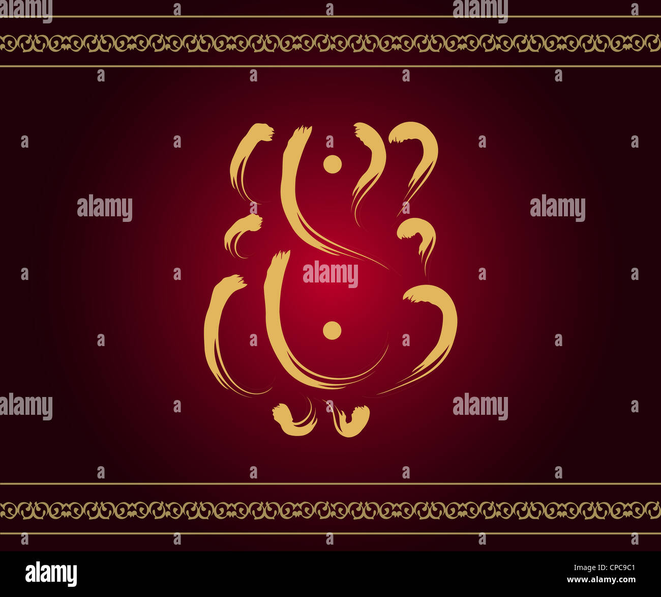 Indischer Gott Ganesha in Gold auf rotem Grund mit künstlerischen ...