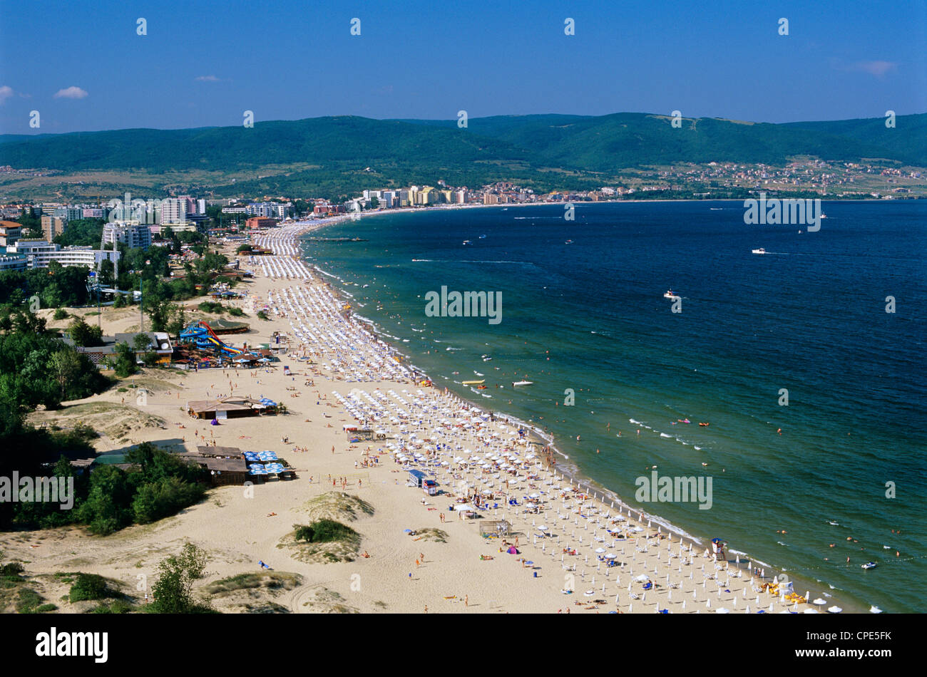 Luftaufnahme über Strand, Sunny Beach, Schwarzmeer Küste, Bulgarien ...