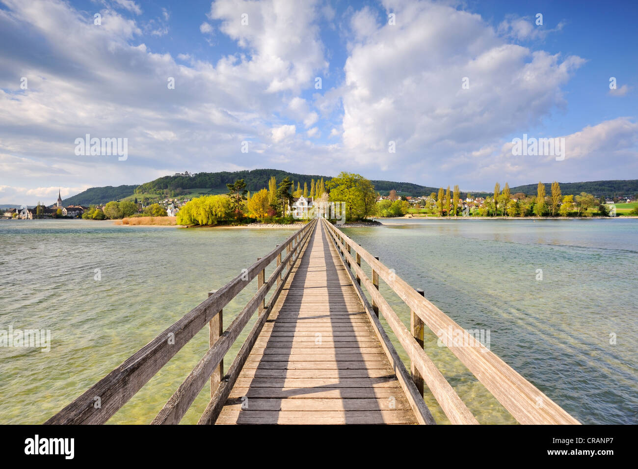 Holzbrücke über den Rhein nach Kloster Insel Werd mit Kloster Werd ...