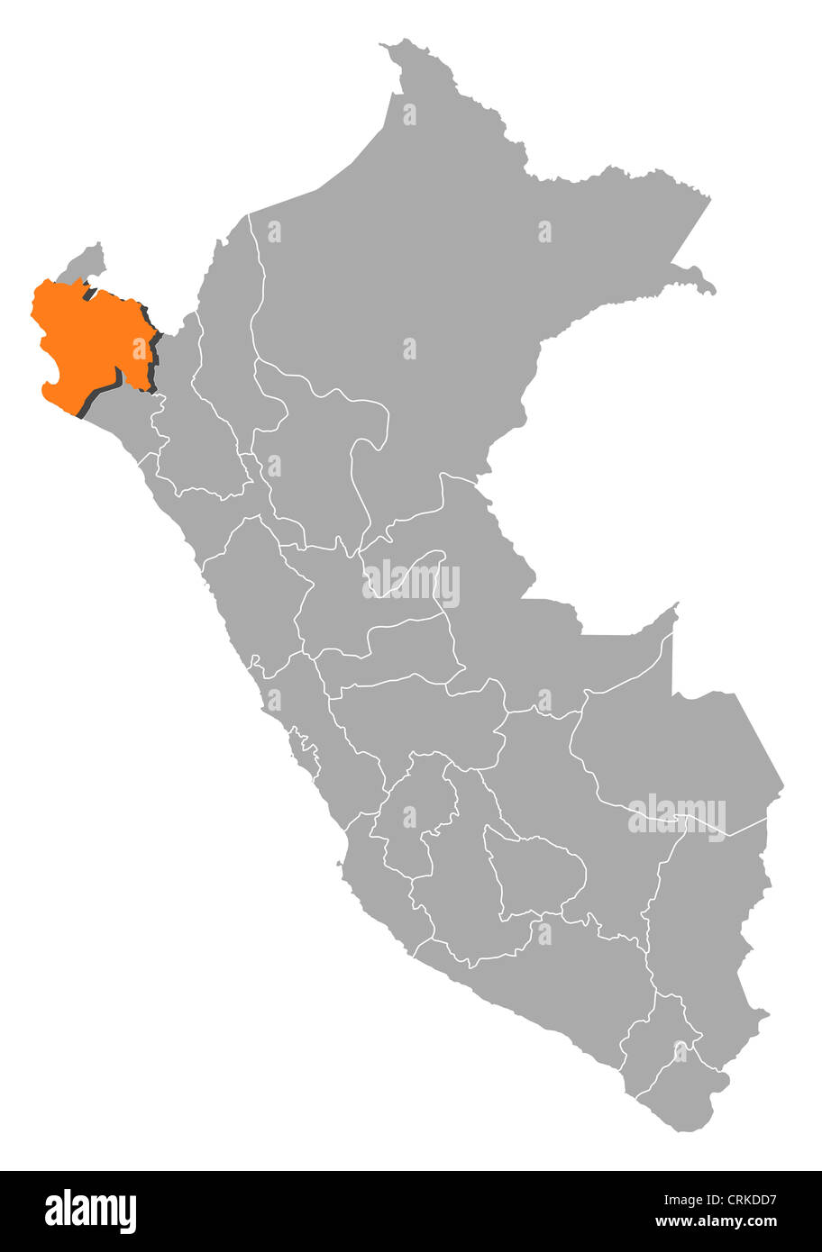 Politische Karte von Peru mit den verschiedenen Regionen wo Piura ...
