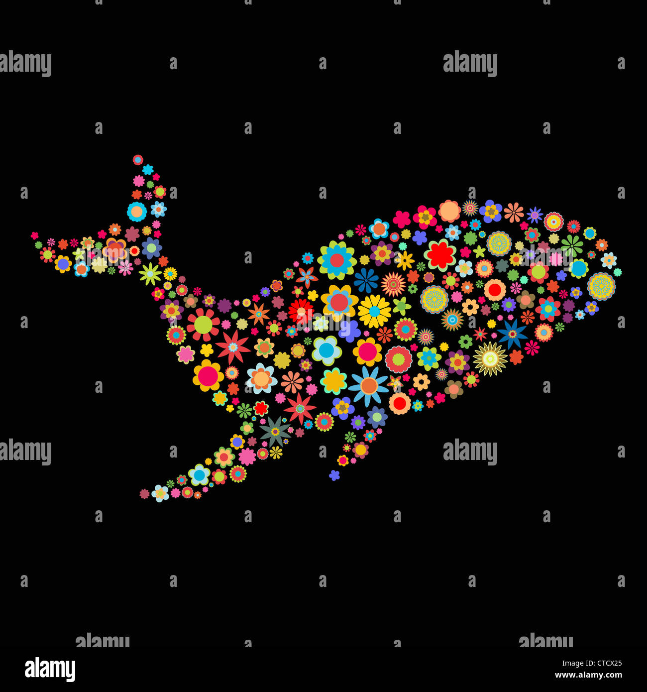 Vektor-Illustration der Wal Form viel bunte Blümchen auf dem schwarzen ...