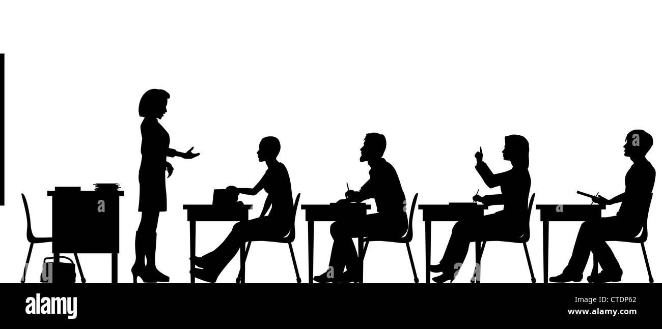 illustrierten Silhouetten Erwachsene Schüler und einer Lehrerin im ... illustrierten Silhouetten Erwachsene Schüler und einer Lehrerin im ...